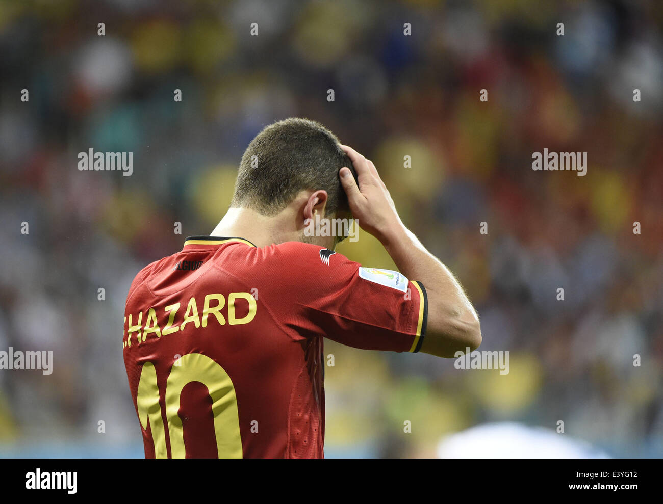 Salvador, Brazil. 1st July, 2014. Belgium's Eden Hazard reacts during a ...