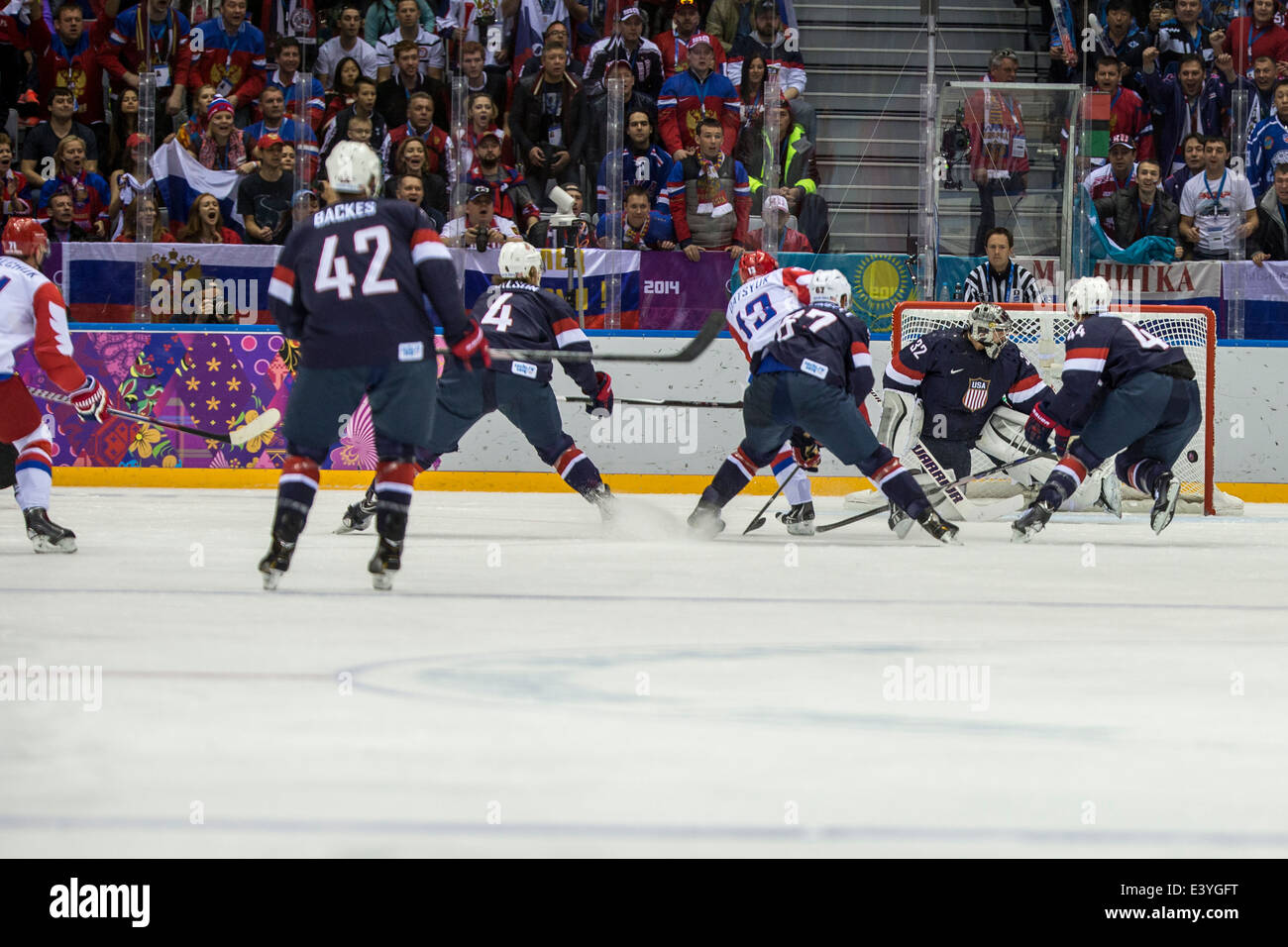 Goalie Jonathan Quick (USA) defending during ice hockey game vs. RUS at ...