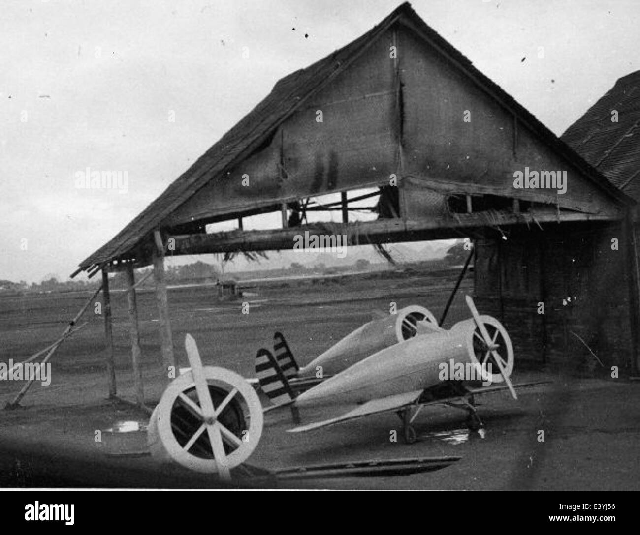 A photograph showing dummy airplanes used to deceive Japanese aircraft ...