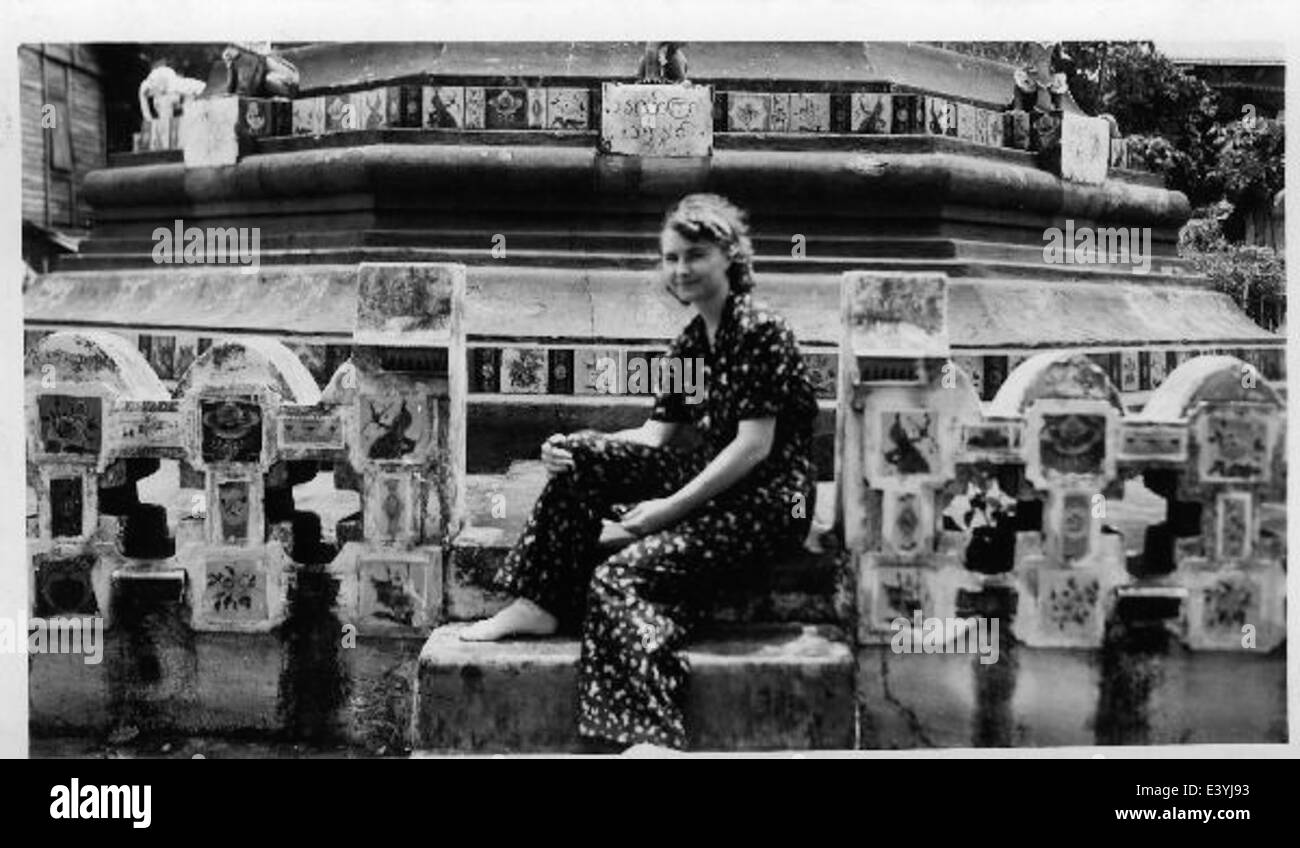 A photograph of Mary Everett at the Pegu Monument in China, with an ...