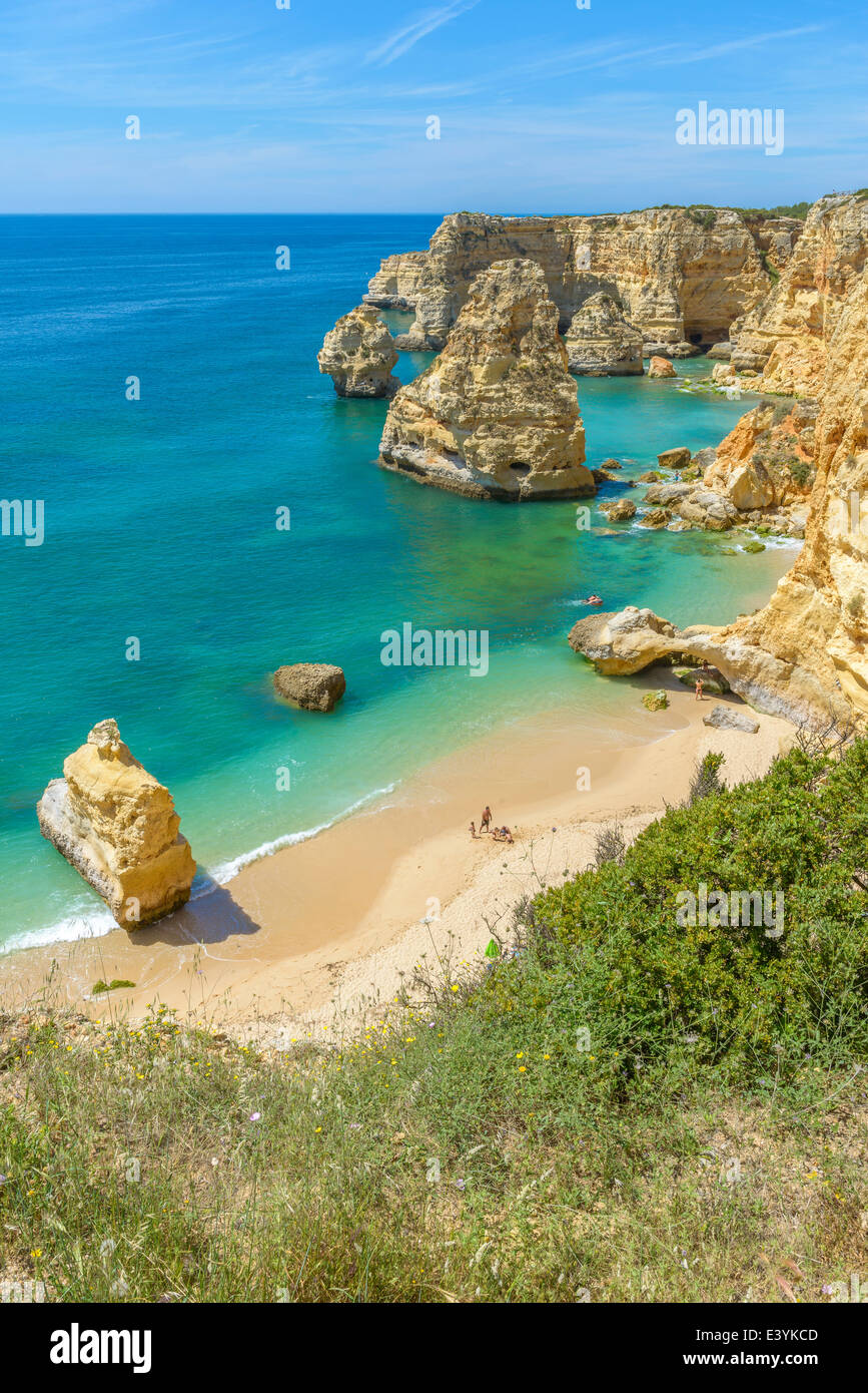 General view of the world famous Marinha Beach with the blue water and ...