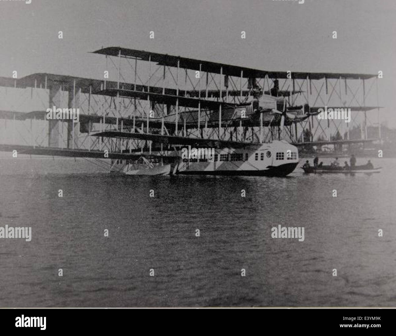 A photograph of the Caproni Ca 60, a large triplane aircraft, displayed ...