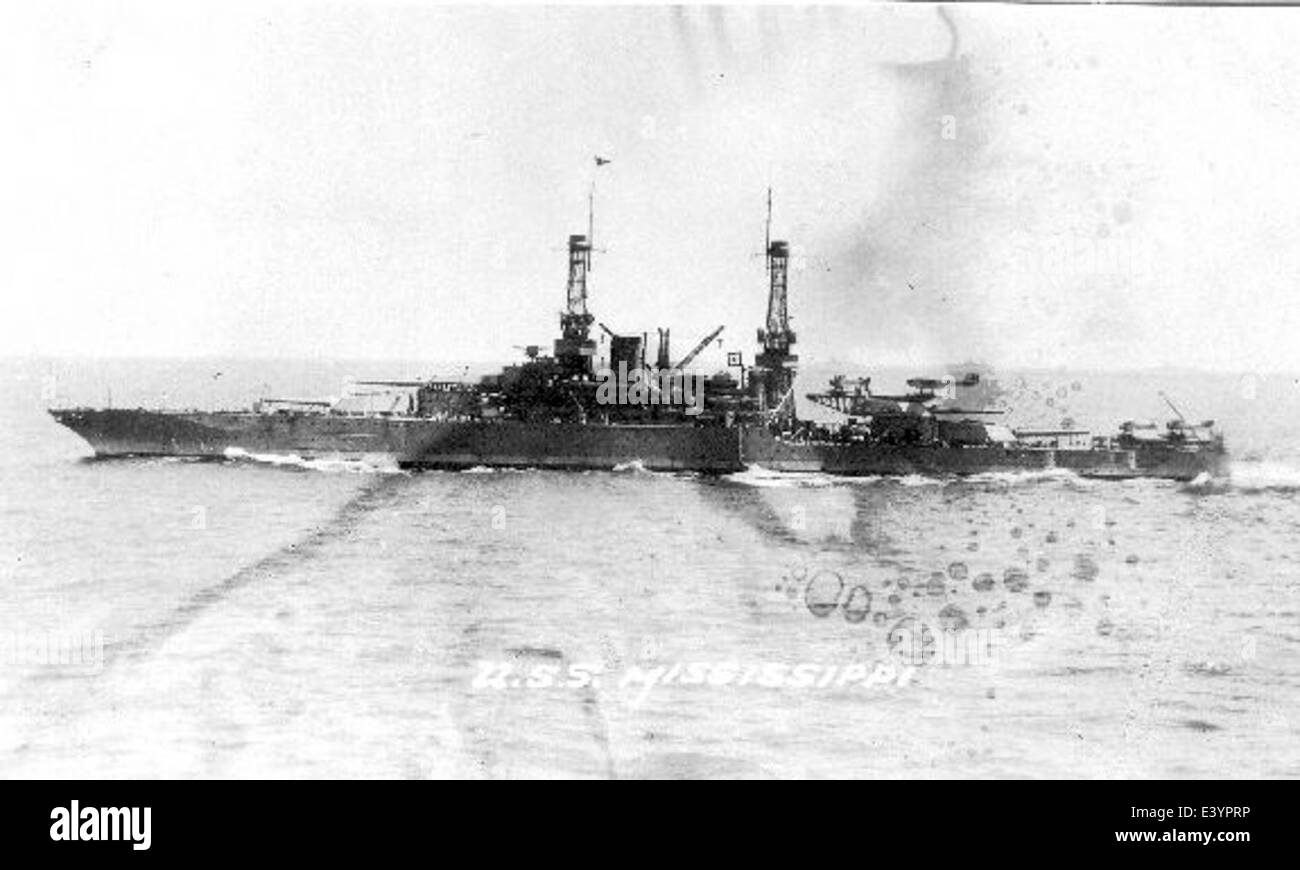 This photograph shows the USS Mississippi (BB-41), a New Mexico-class ...