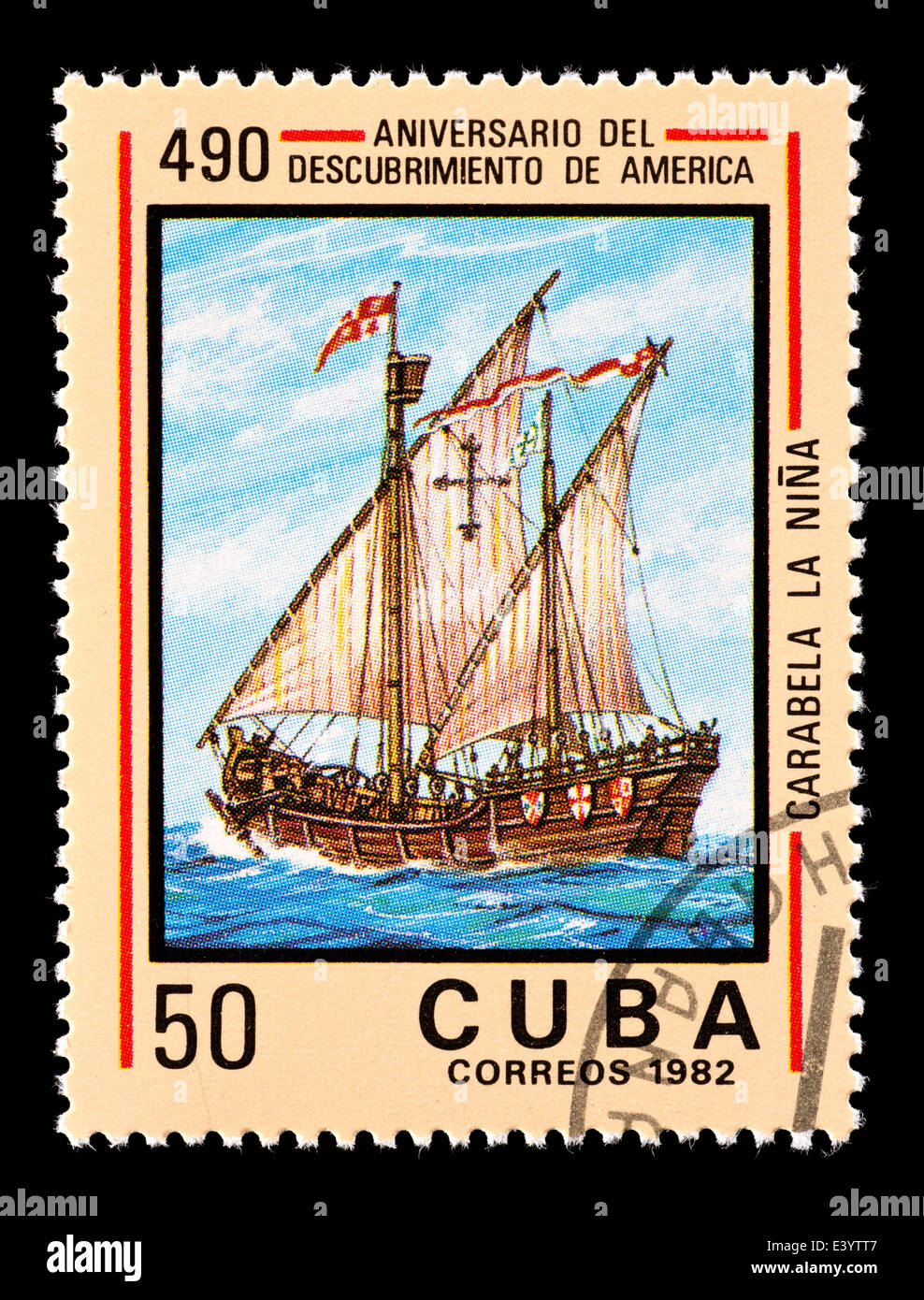 Postage stamp from Cuba depicting Columbus' vessel Nina Stock Photo - Alamy