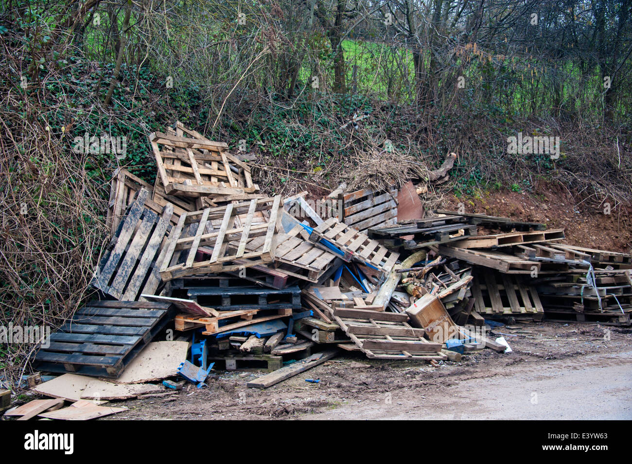 A pile of old wooden pallets dumped by a roadside Stock Photo - Alamy