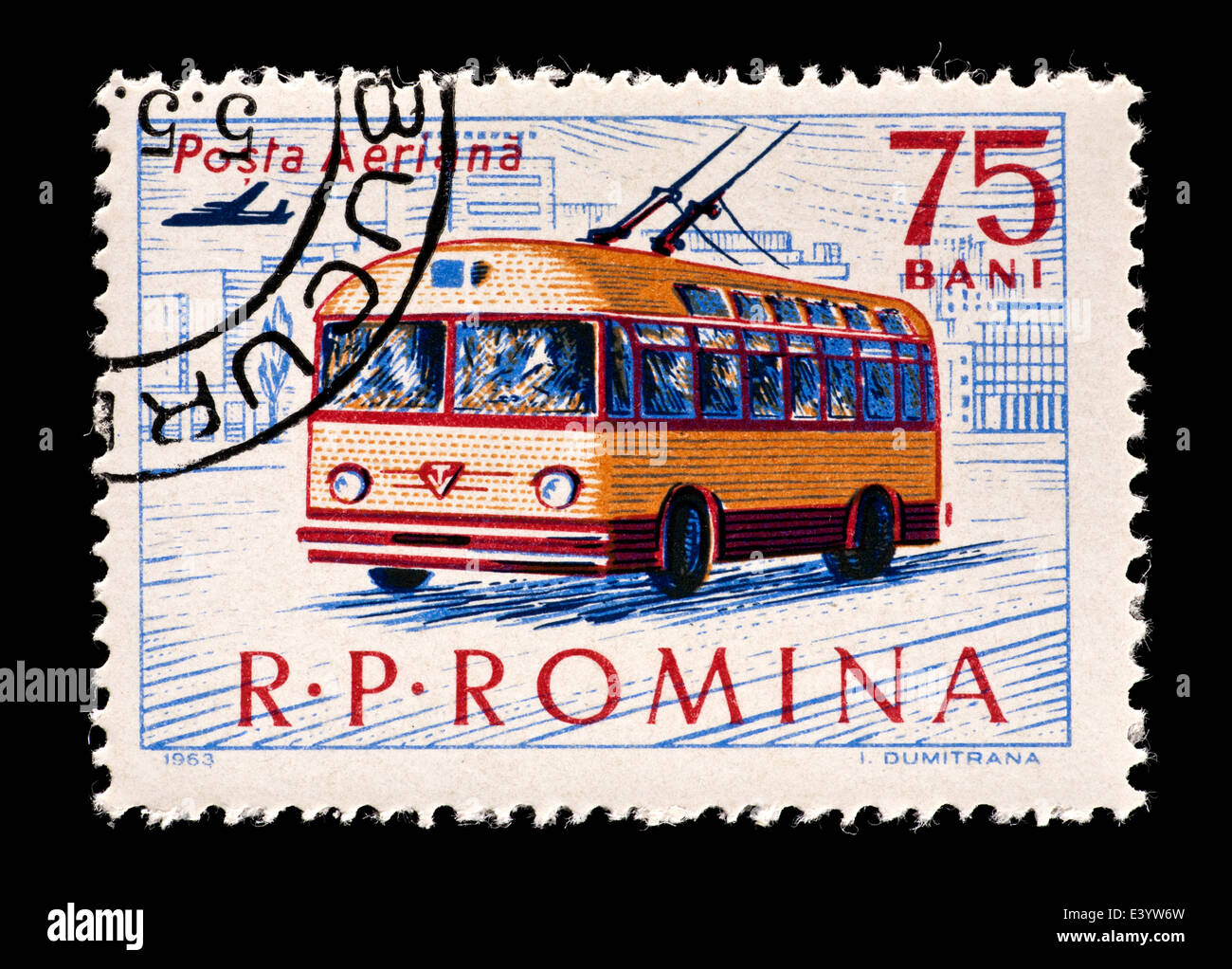 Postage stamp from Romania depicting a trolley bus Stock Photo - Alamy
