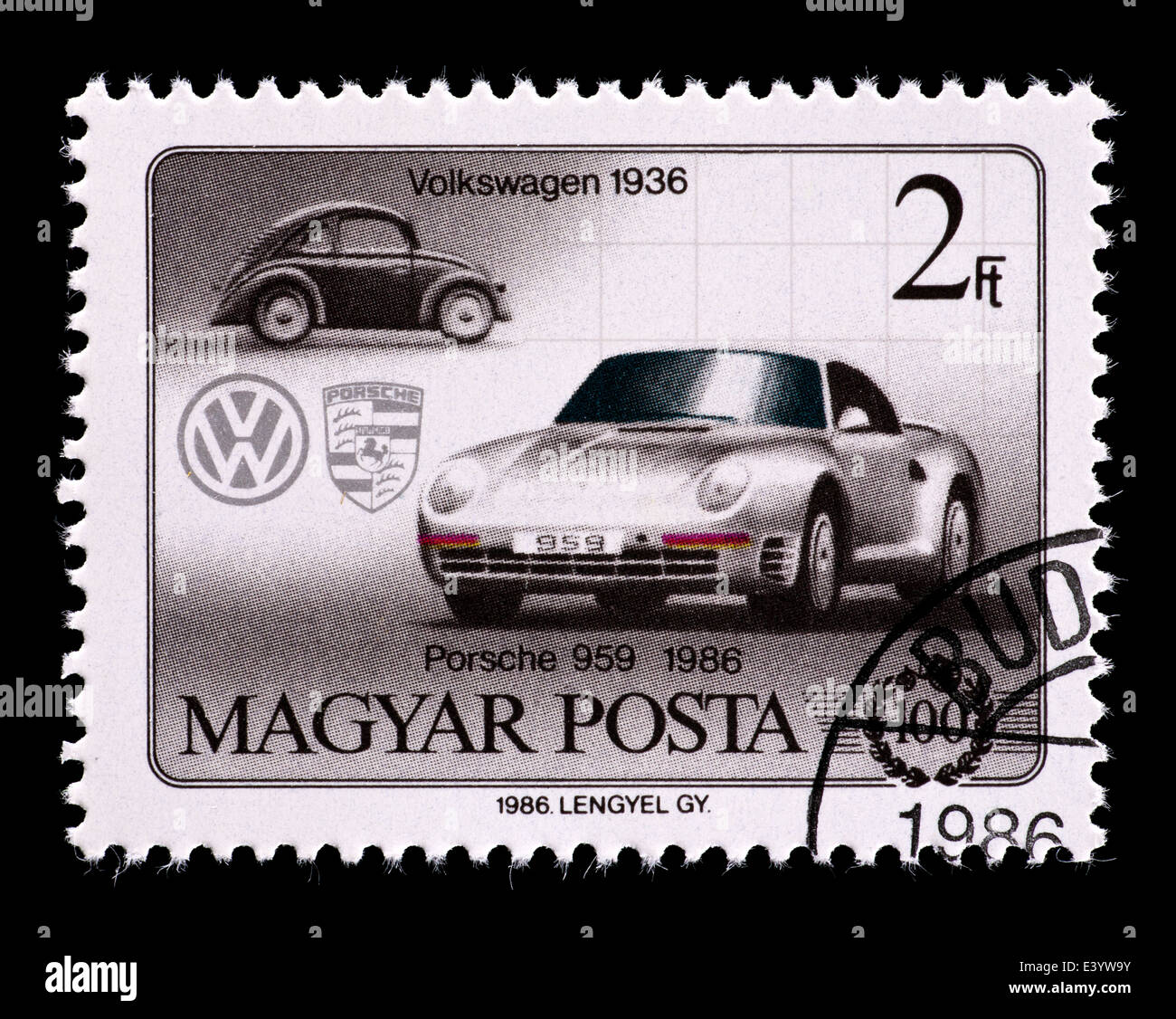 Postage stamp from Hungary depicting a 1986 Porsche 959 and a 1936 ...