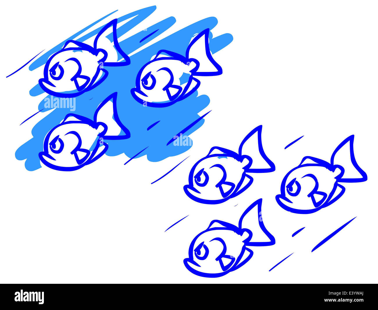 Cartoon illustration of a cartoon flock of fishes. Outline drawing on ...
