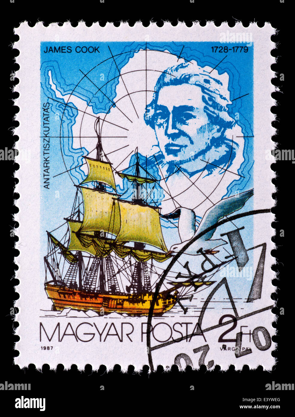 Postage stamp from Hungary depicting Captain James Cook, his ship the ...