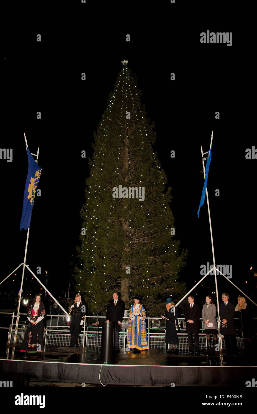 The tree is lit during the Lighting-up Ceremony of the Oslo Christmas ...