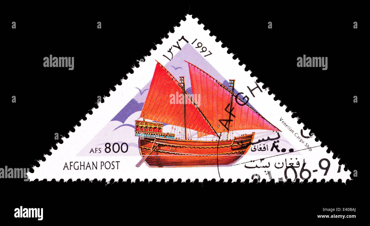 Postage stamp from Afghanistan depicting a Venetian cargo sailing ship ...