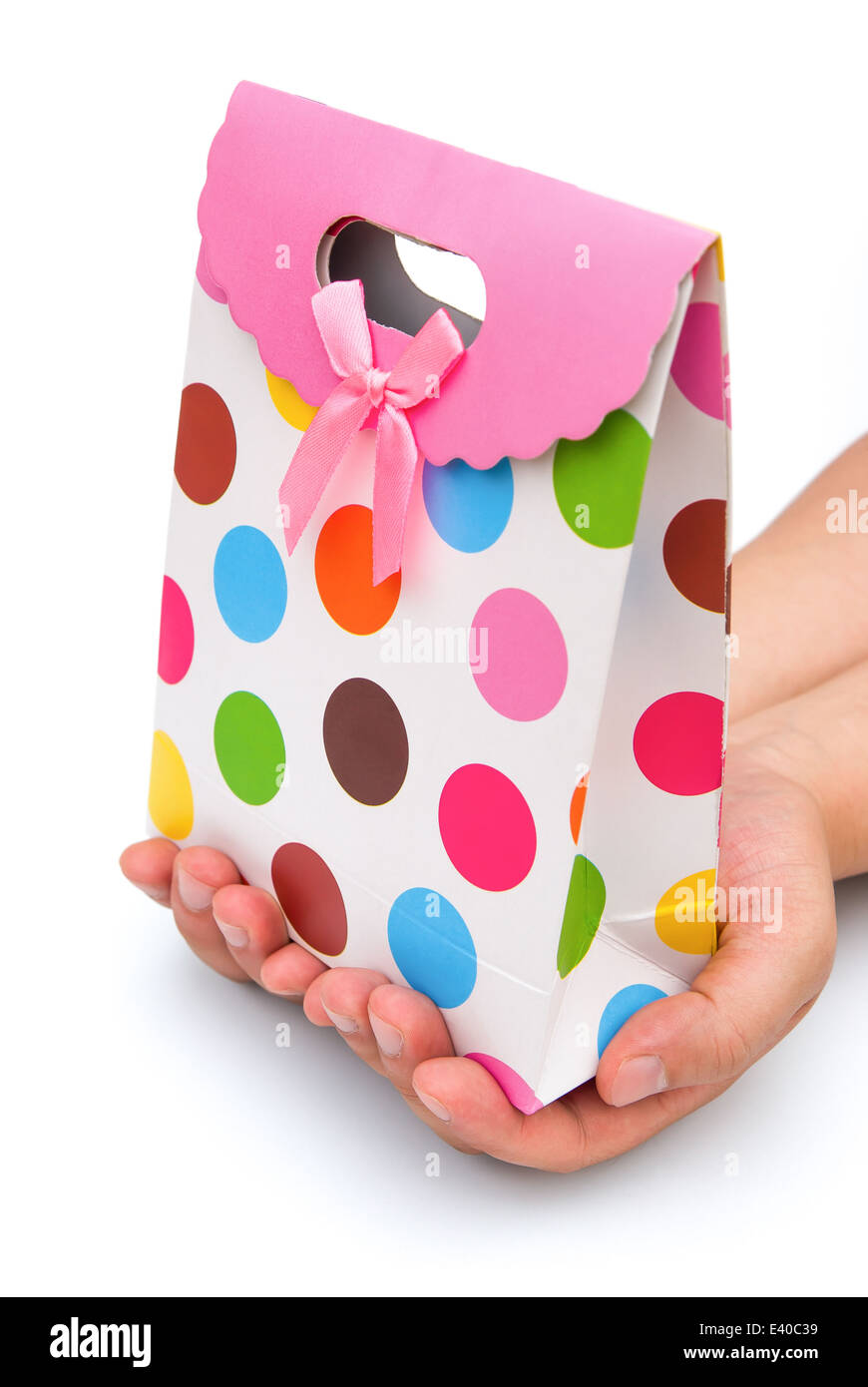 side view hands holding a gift box on white with clipping path Stock ...