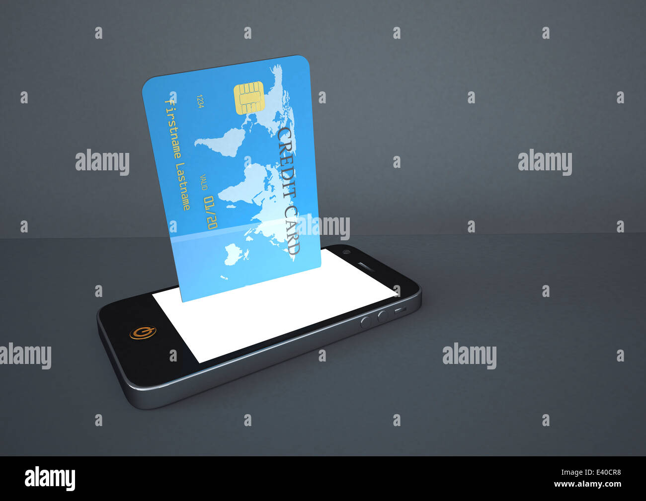 Smartphone and credit card in front of grey background, 3D Rendering ...