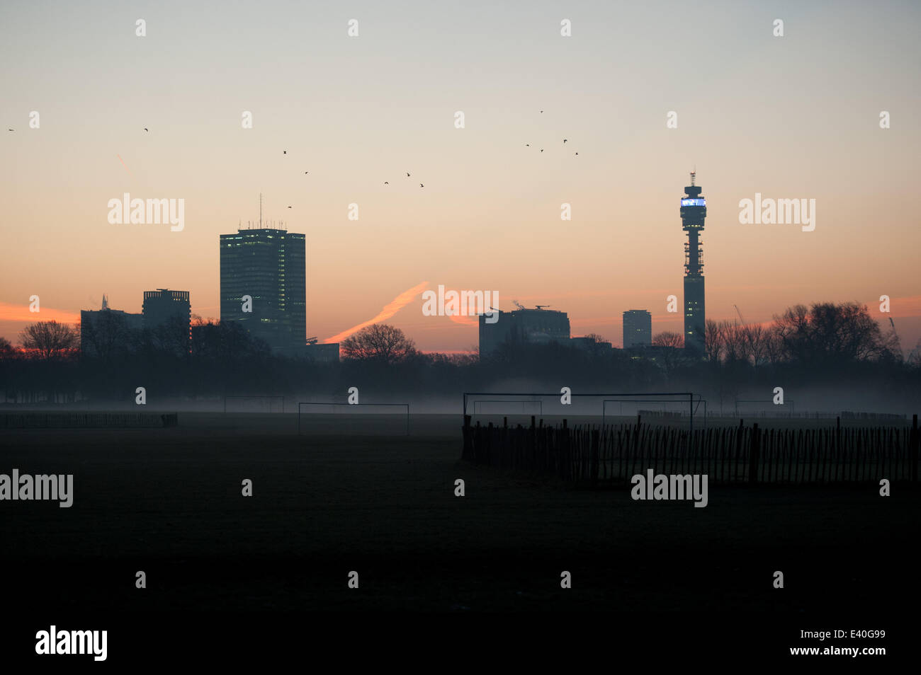 Early morning ground fog covers Regent's Park in Central London ...