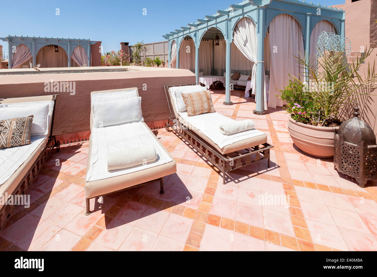 View across the rooftop terrace at the beautiful Riad Kniza, Marrakesh ...