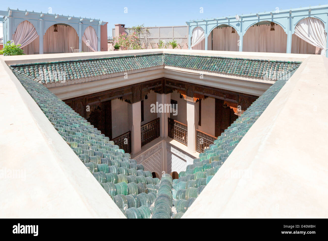 View across the rooftop terrace at the beautiful Riad Kniza, Marrakesh ...
