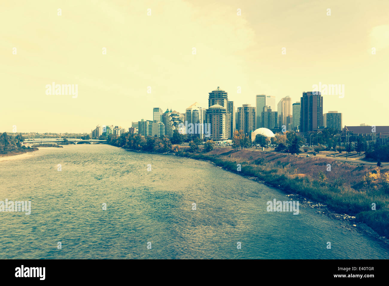 Canada, Alberta, Calgary, Skyline of Calgary on the Bow river Stock ...
