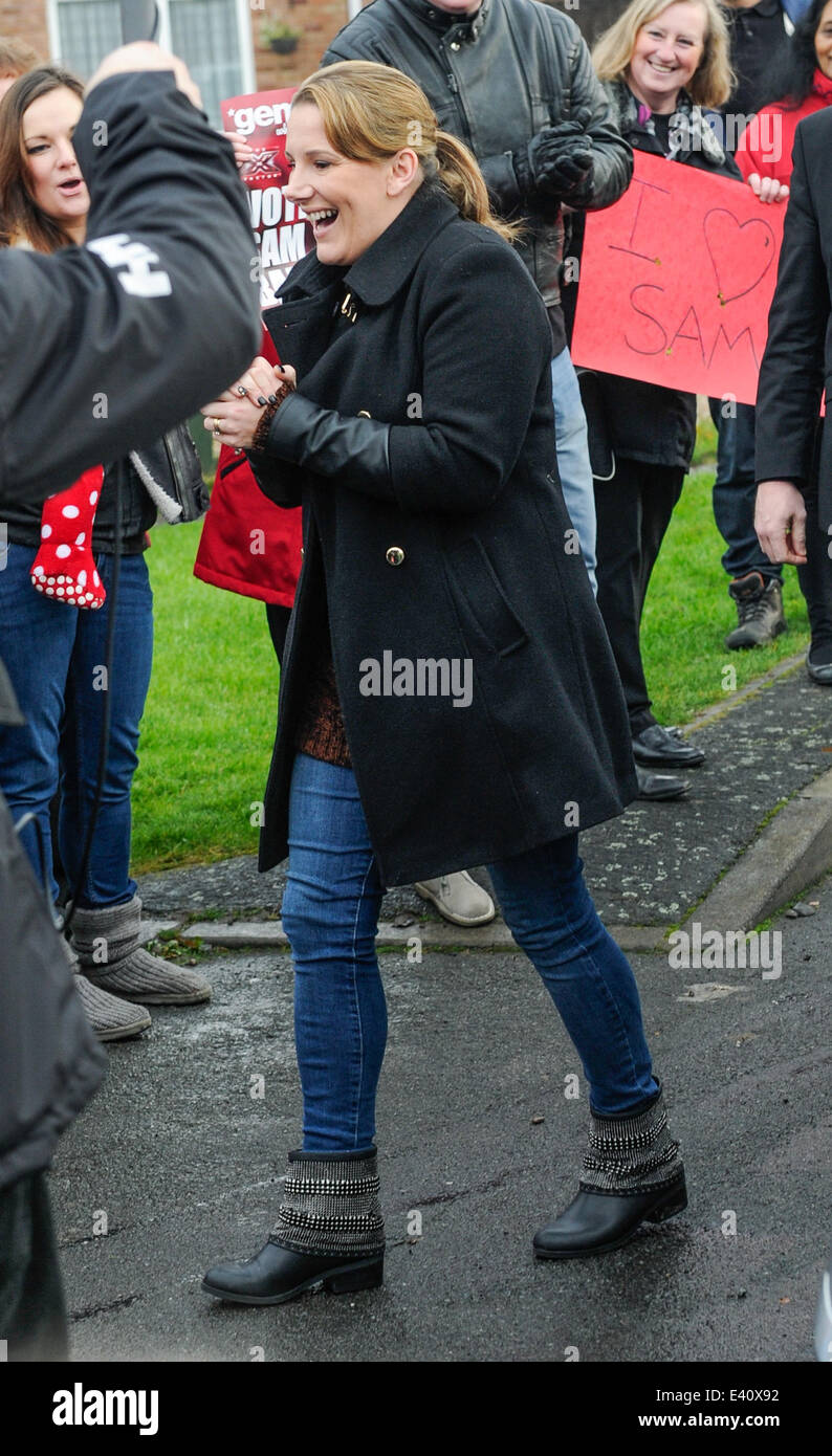 Sam Bailey greets fans outside her family home in Leicester. Sam is one ...