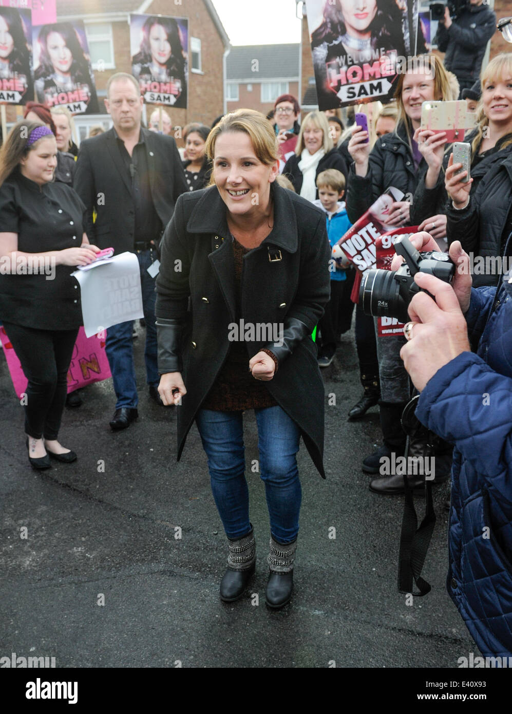 Sam Bailey greets fans outside her family home in Leicester. Sam is one ...