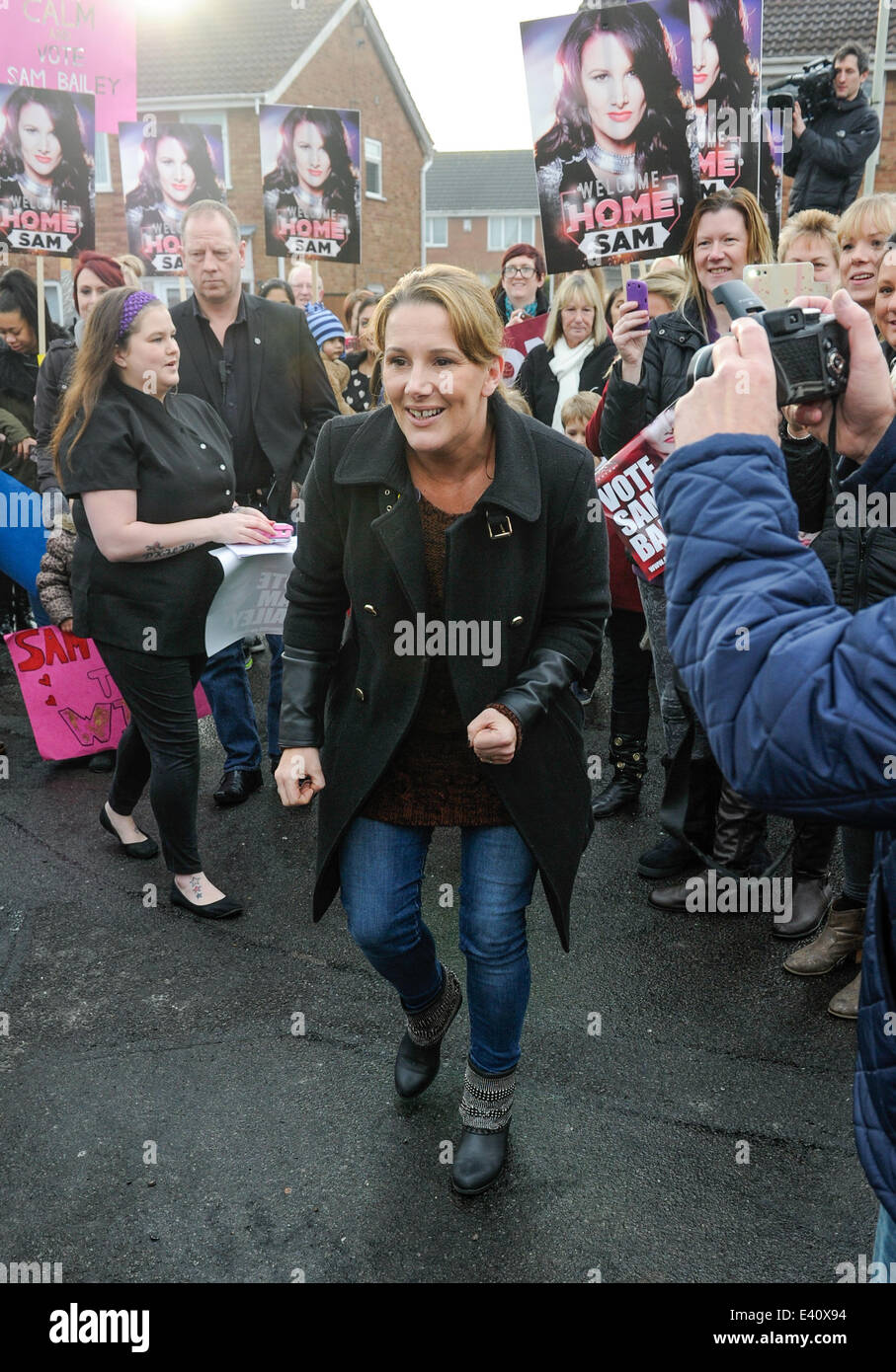 Sam Bailey greets fans outside her family home in Leicester. Sam is one ...