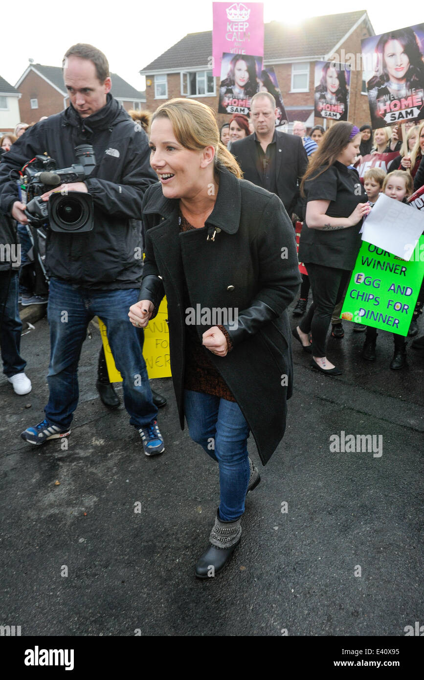 Sam Bailey greets fans outside her family home in Leicester. Sam is one ...