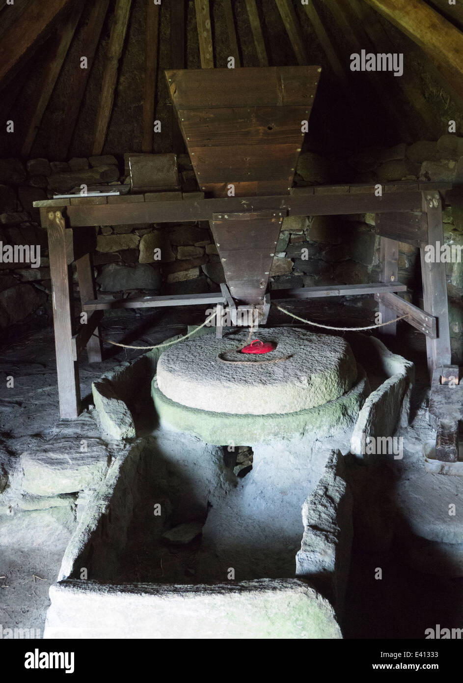 Grinding stones and grain shute in Shawbost Norse Mill Isle of Lewis ...