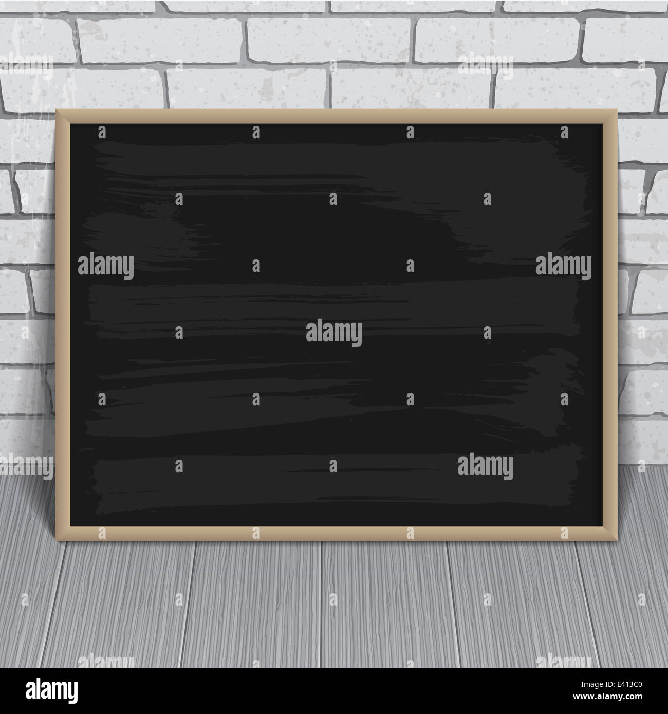 Black chalkboard with wooden frame on brick wall background. Raster ...