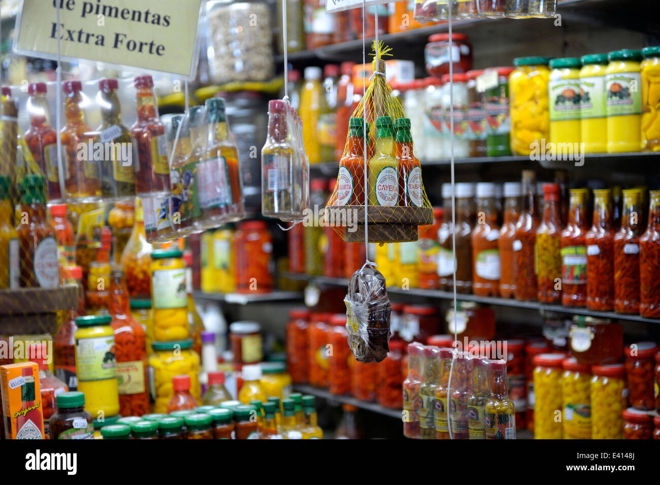South America, Brazil, Belo Horizonte, Market stall, Pickled chili ...