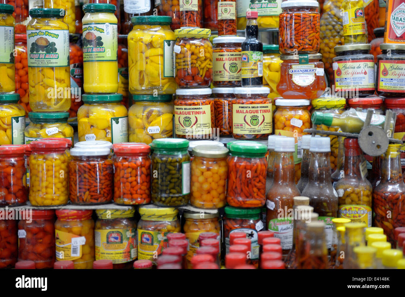 South America, Brazil, Belo Horizonte, Market stall, Pickled chili ...