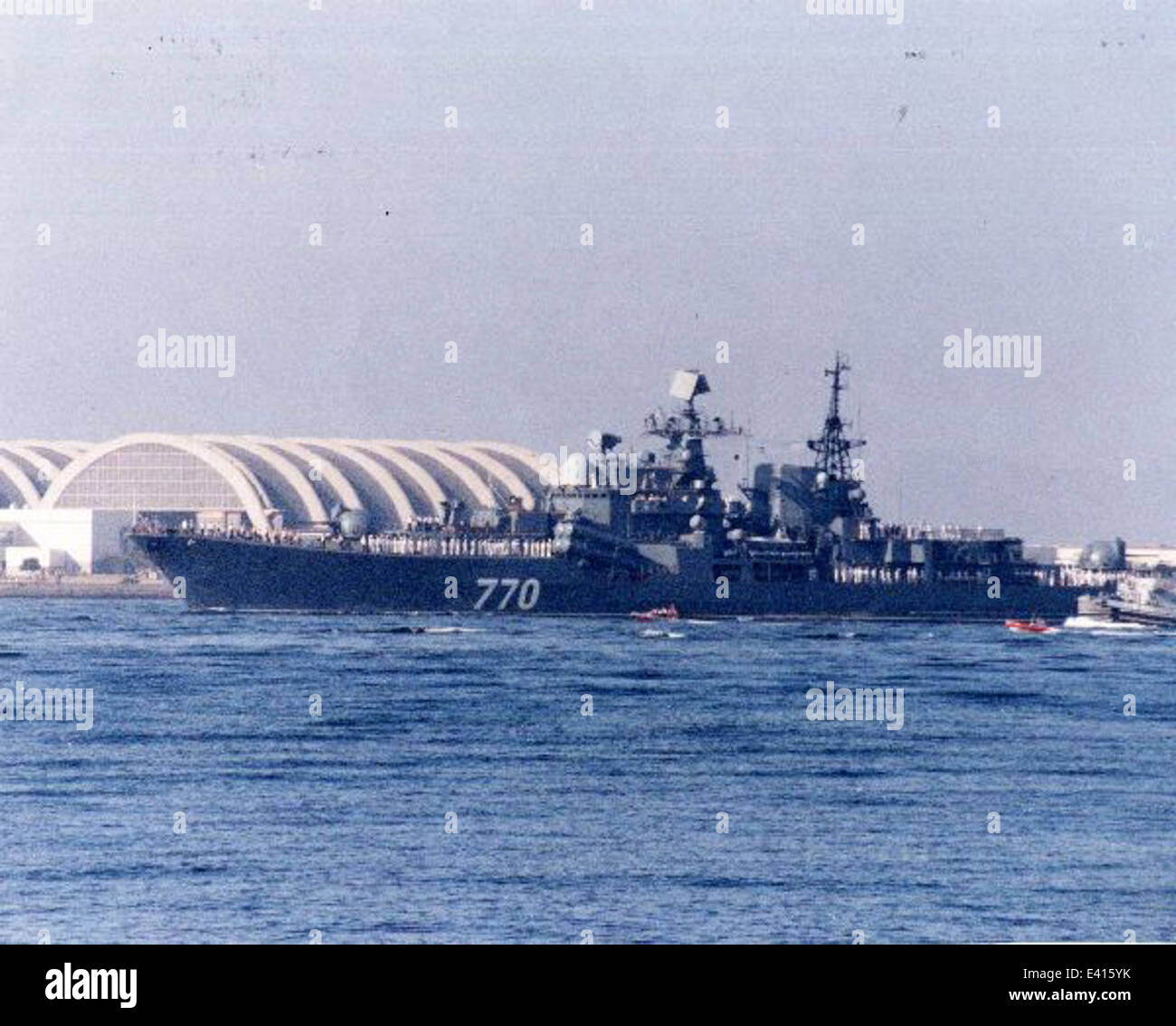 A photograph depicting a Soviet destroyer (DDG) visiting San Diego ...