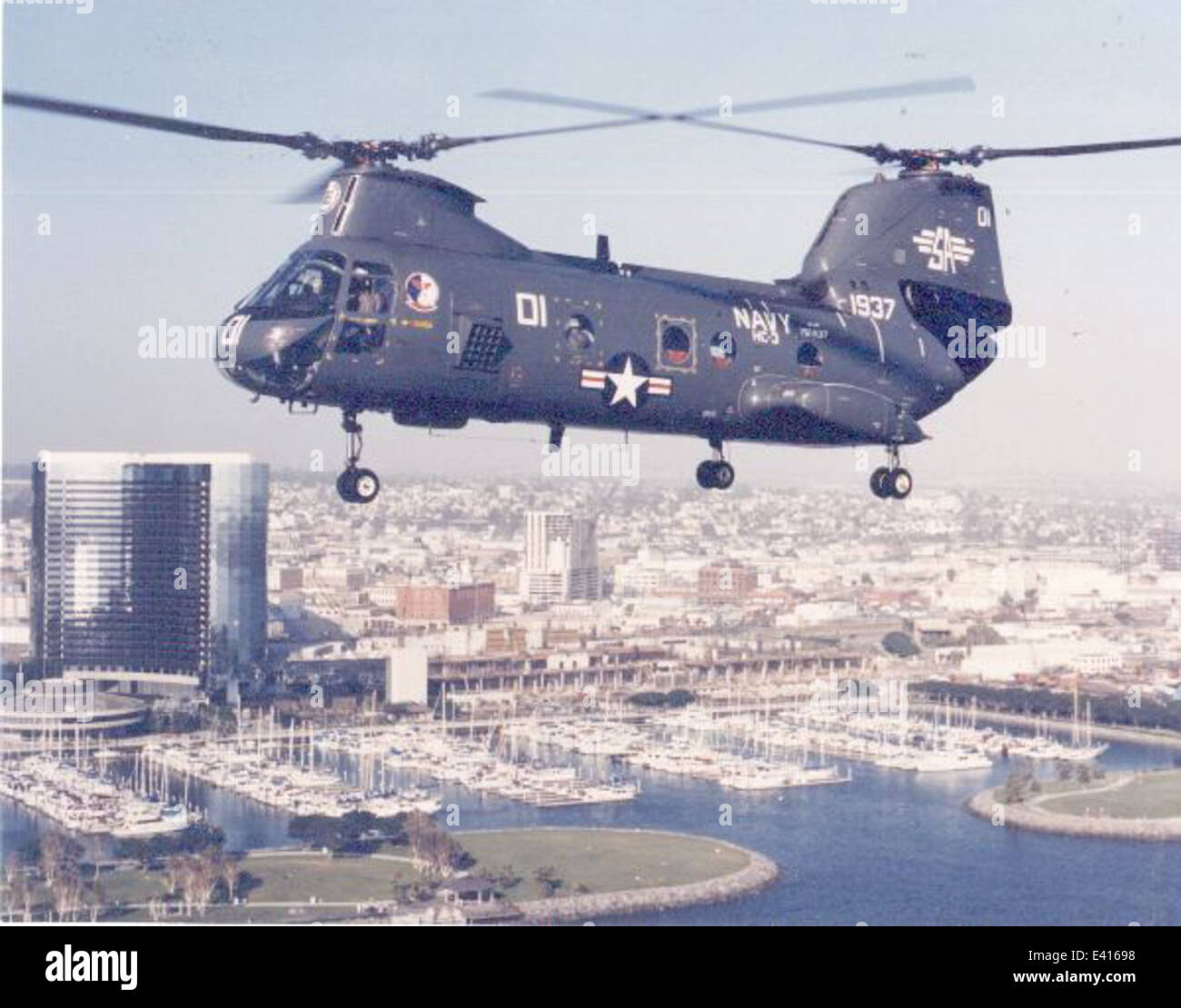 The HC3 CH-46A Sea Knight helicopter is shown in flight, demonstrating ...