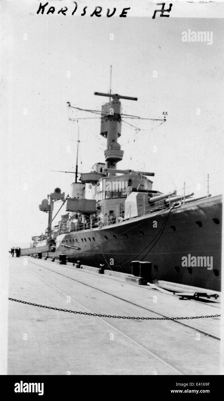 A photograph of the German cruiser Karlsruhe, taken in 1936, capturing ...