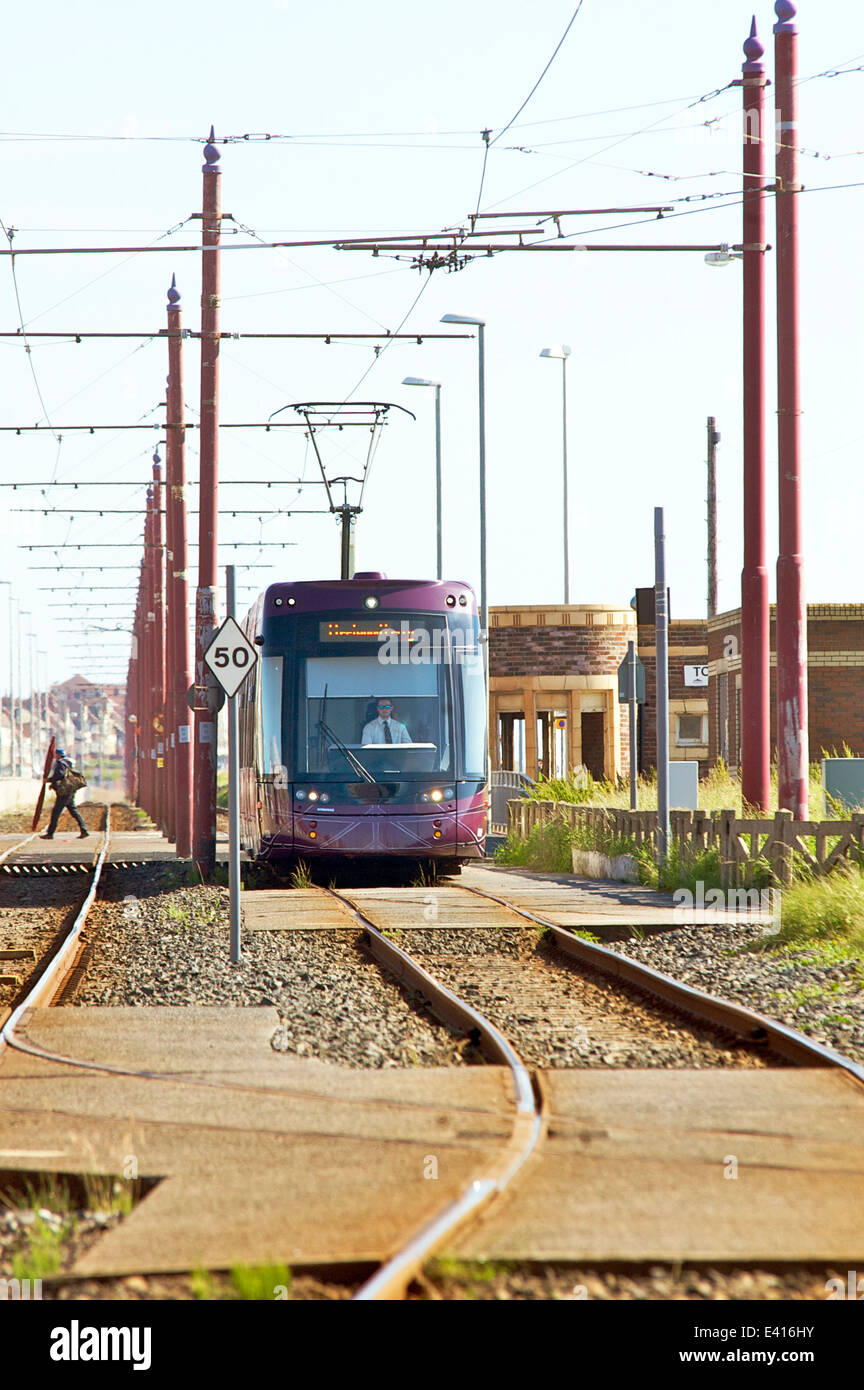 Blackpool tram driving along open track at Bispham,Blackpool,Lancashire ...