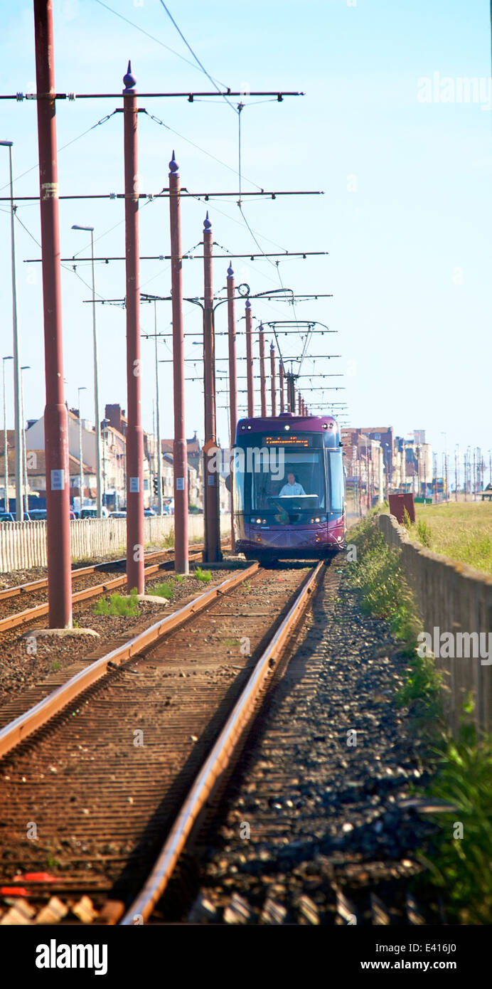 Tram running along open track in Blackpool,Lancashire,UK Stock Photo ...