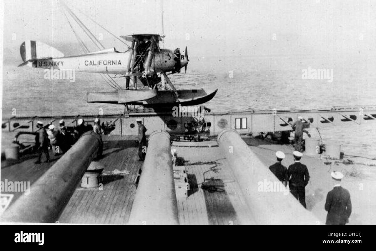 The Vought UO-1 aircraft, a scout plane, is launched from the catapult ...