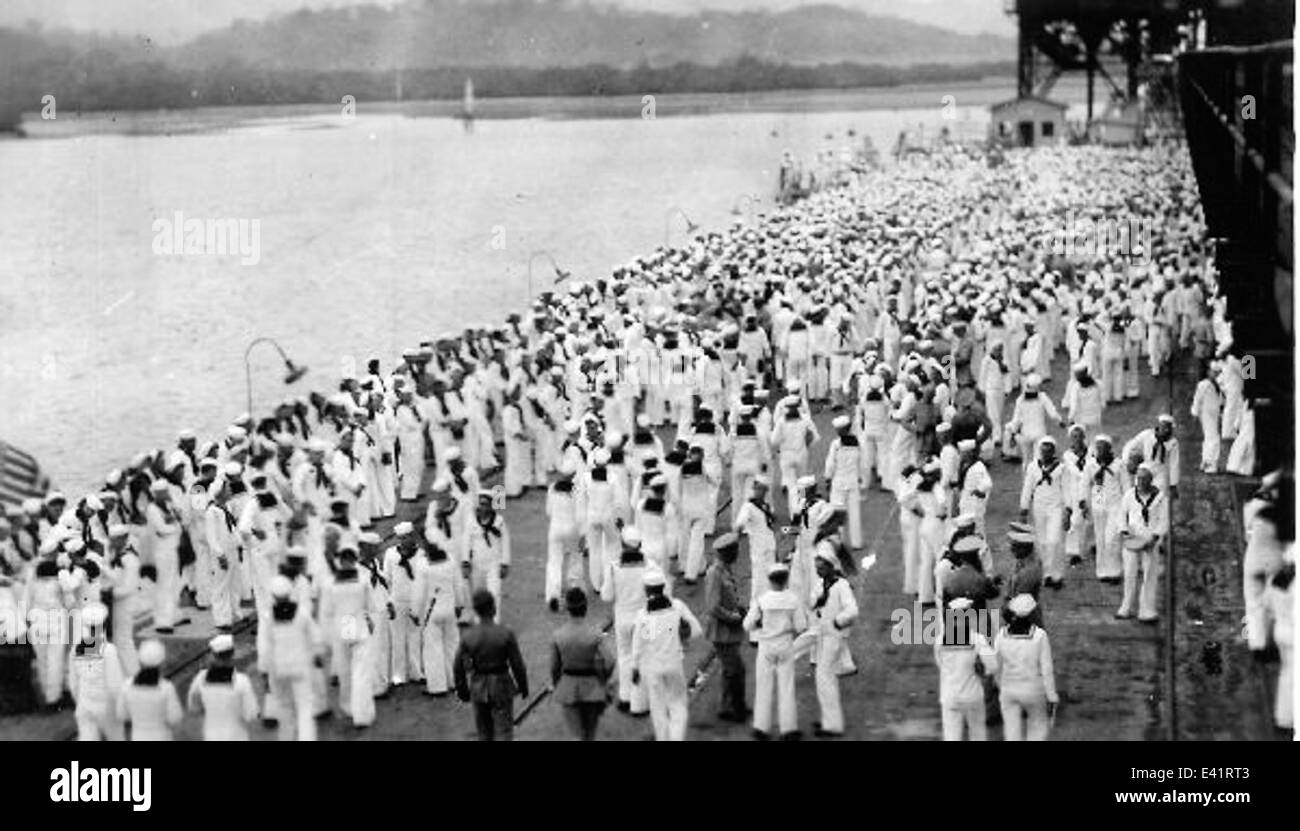 A U.S. Navy fleet landing operation in Panama during 1936 is depicted ...