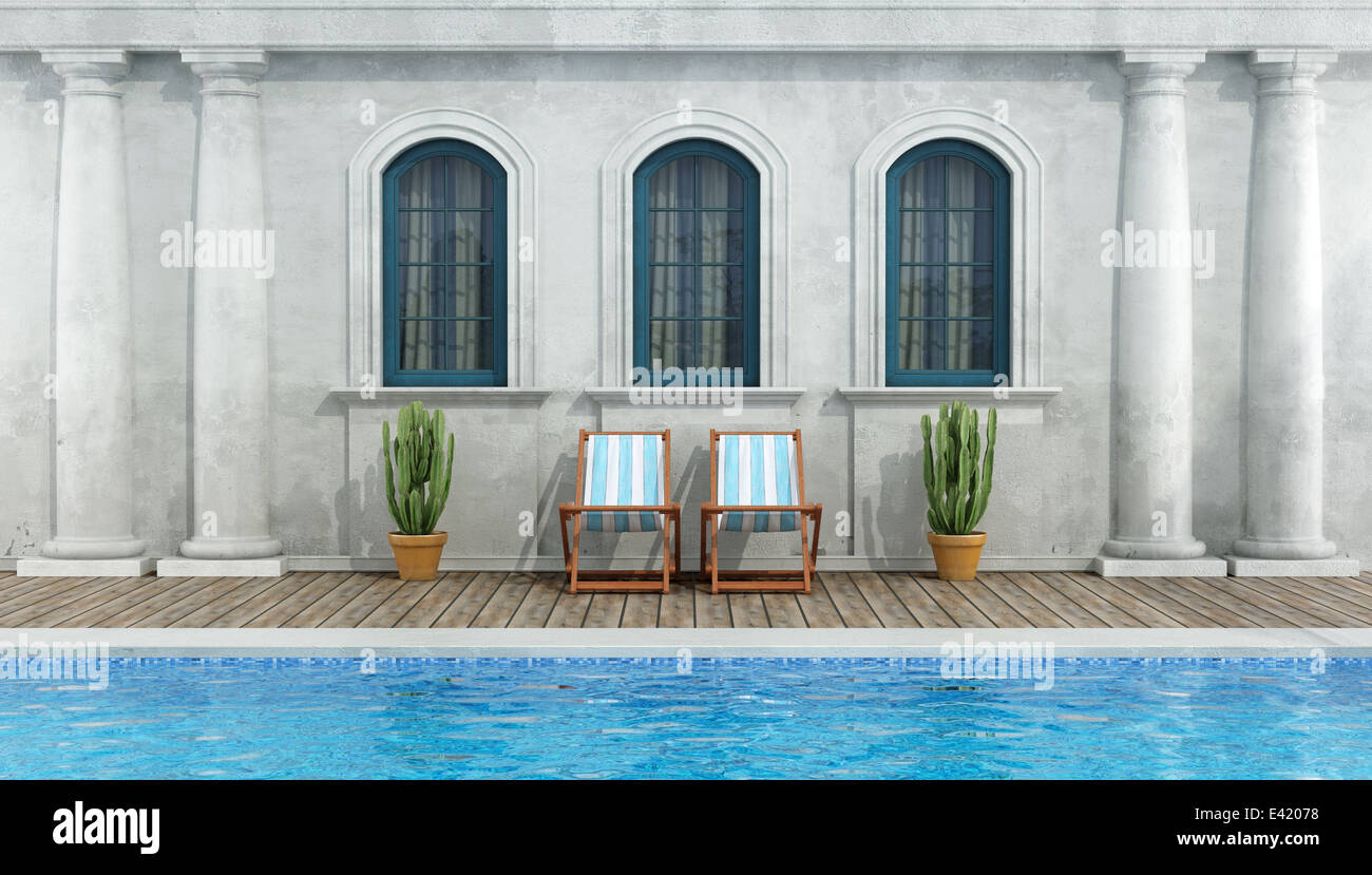 courtyard of an old classic house with swimming pool-rendering Stock ...