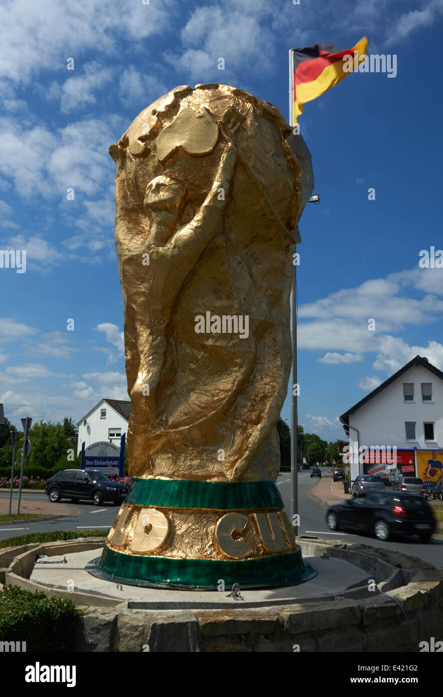 Salzkotten, Germany. 2nd July, 2014. A replica of the World Cup trophy ...