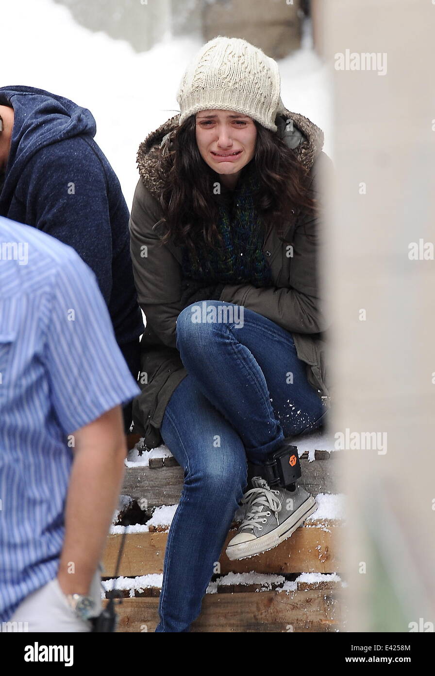 Actress Emmy Rossum crying on the set of "Shameless" as she walks down ...