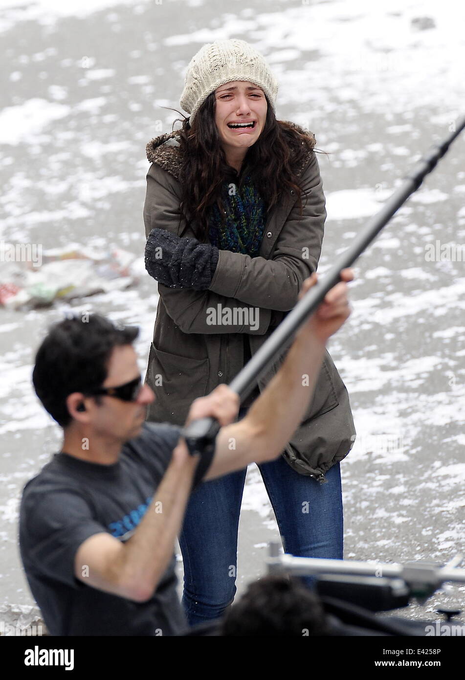 Actress Emmy Rossum crying on the set of "Shameless" as she walks down ...