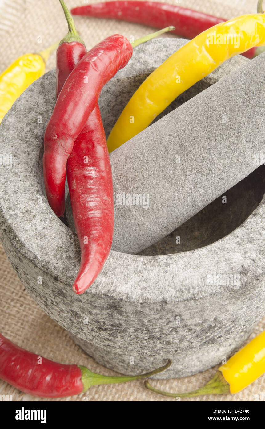 hot red and yellow chili in a pestle Stock Photo - Alamy