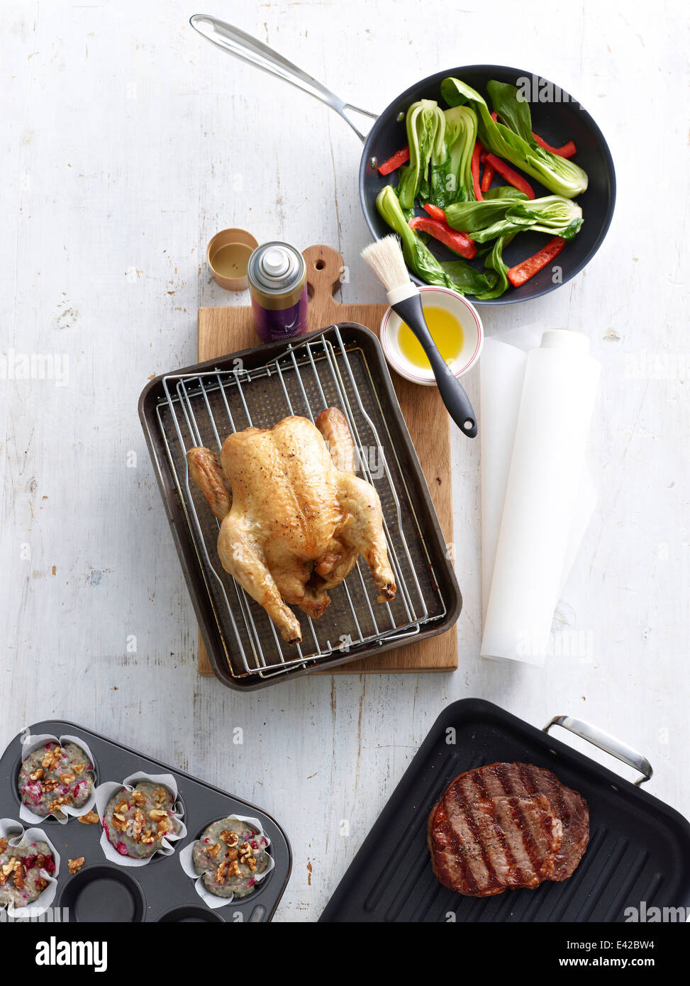 Still life of low fat cooking choices with grilled and stir fried food ...