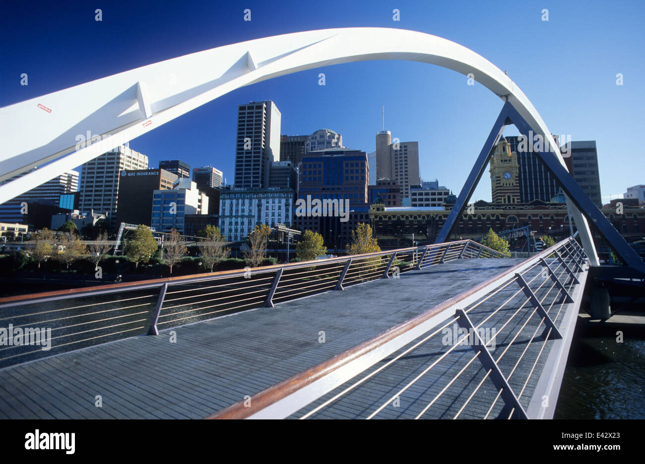 Australia, Melbourne, the city skyline and pedestrian bridge in ...