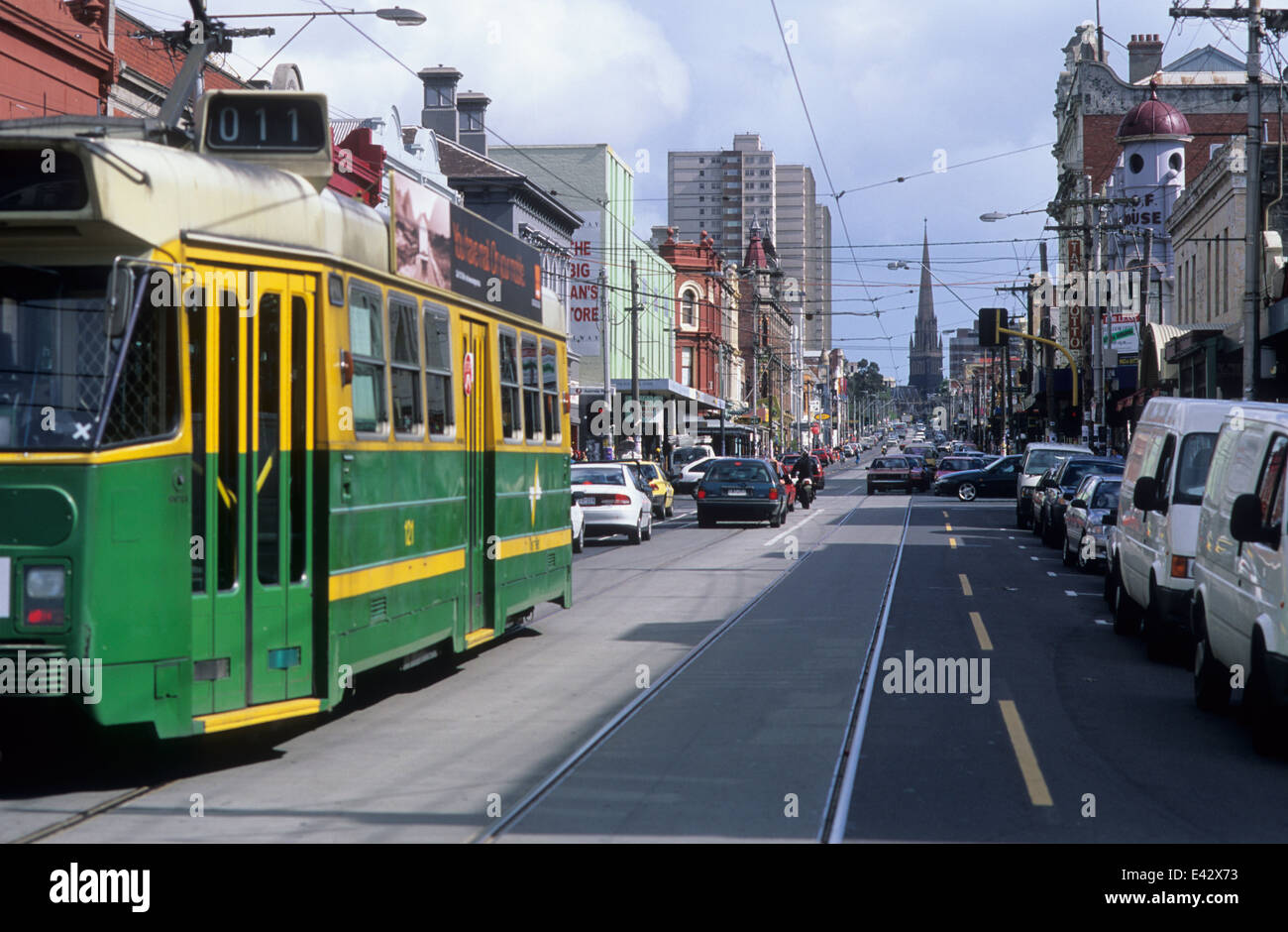 Australia, Victoria, Melbourne, tram along Brunswick street and St ...