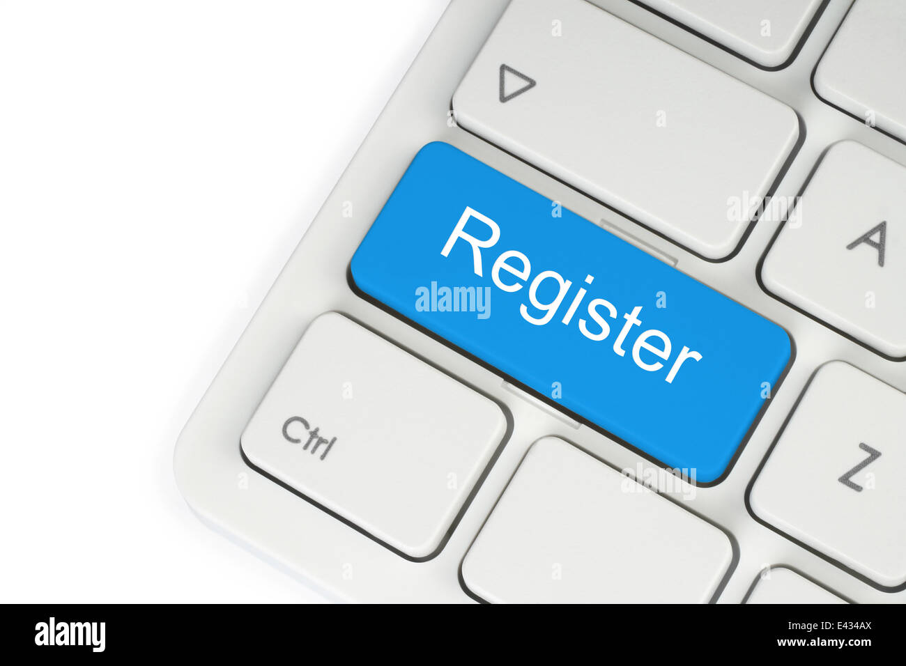 Blue register button on keyboard close-up Stock Photo - Alamy