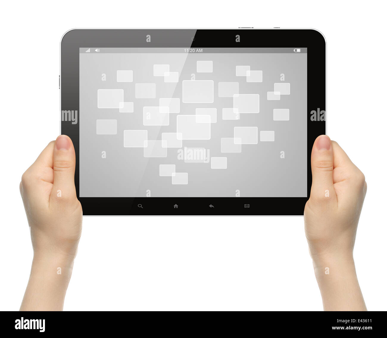 Woman hands hold tablet PC with virtual block illustration on white ...
