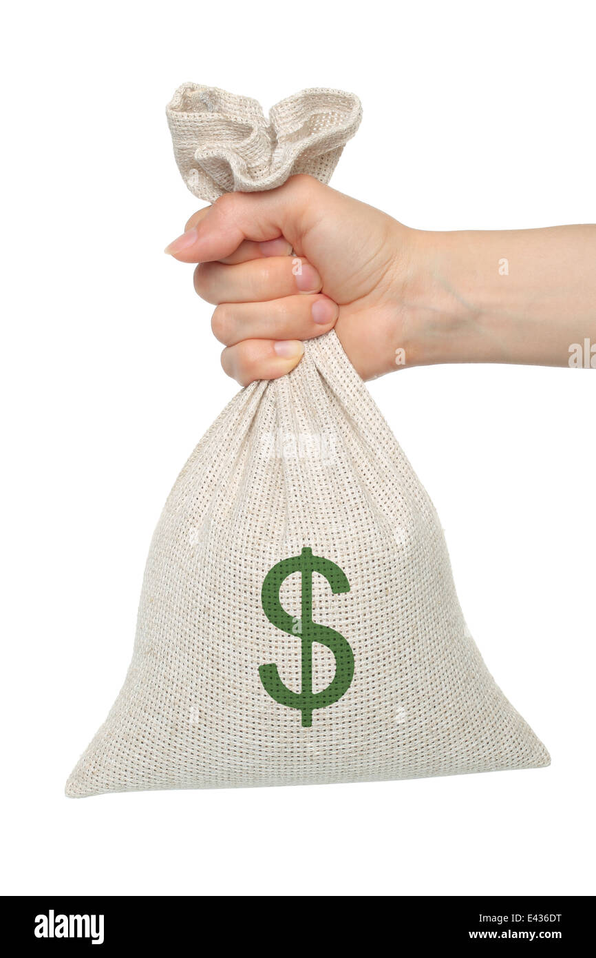 Hand holds bag with money on white background Stock Photo - Alamy