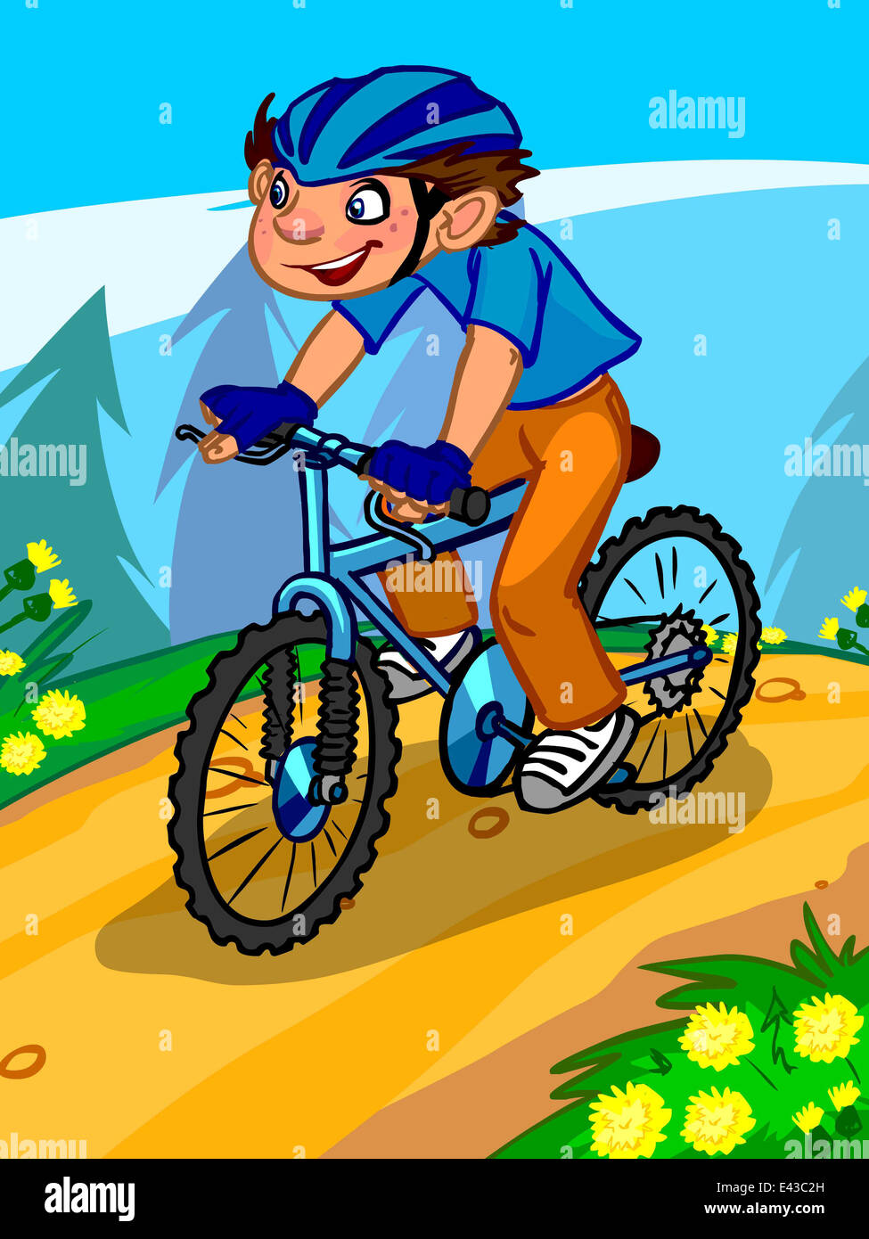 The illustration of a cartoon boy on a blue bicycle Stock Photo - Alamy