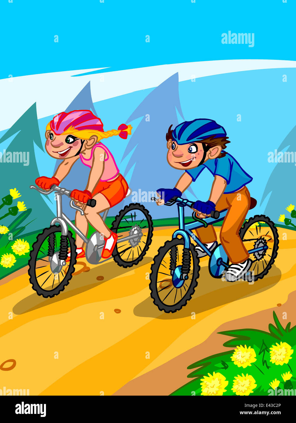 The illustration of a cartoon girl on a silver bicycle and a cartoon ...