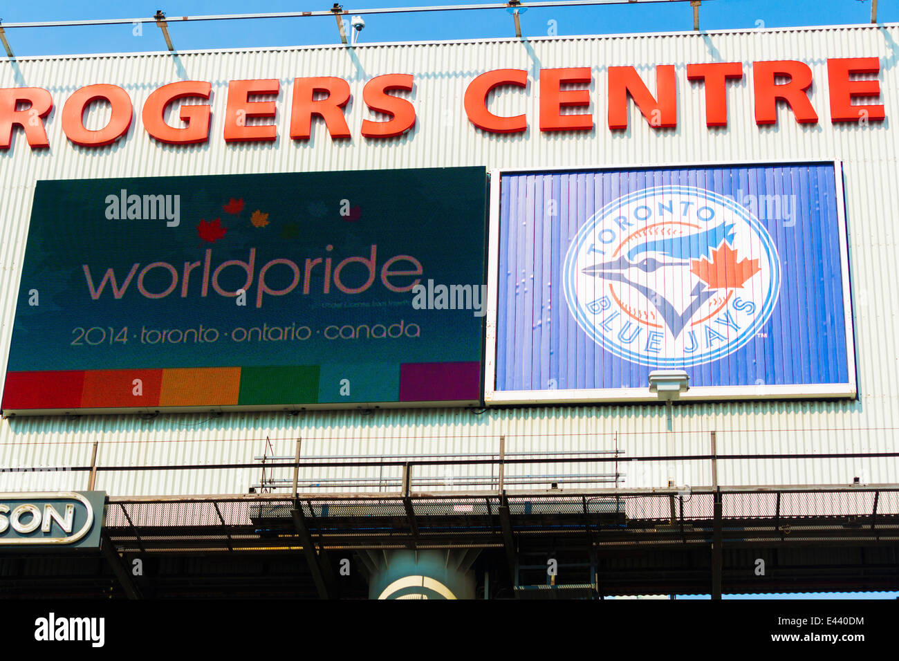 Roger's Centre sign advertising the Toronto Blue Jays and World Pride ...